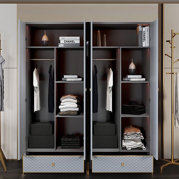 78" Modern Faux Leather Wardrobe with Doors & Drawer in Grayish Blue-Homary