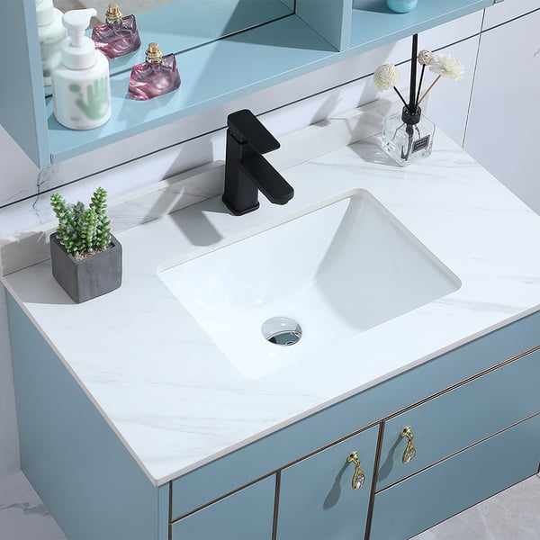 32" Blue Floating Bathroom Vanity with Medicine Cabinet & Integral ...
