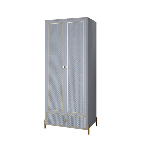 78" Modern Faux Leather Wardrobe with Doors & Drawer in Grayish Blue-Homary