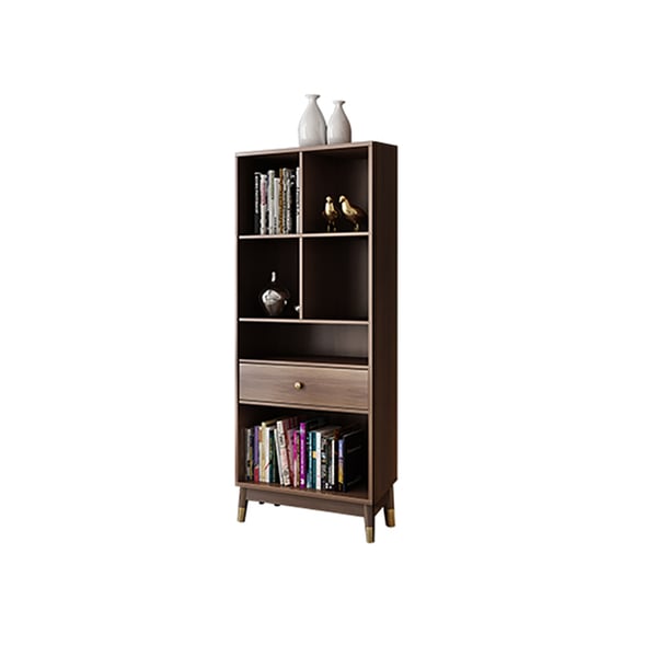 Ultic Modern Walnut Bookshelf Bookcase with Metal Frame and Drawer-Homary
