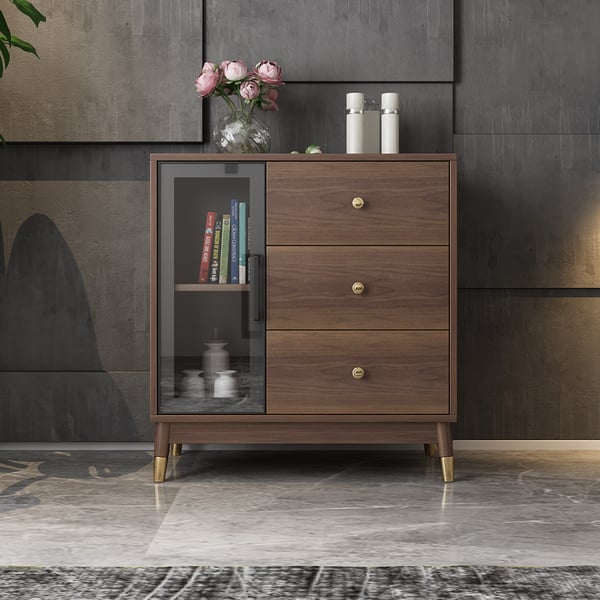 Modern Wooden Side Cabinet with Shelves & Drawers in Walnut | Homary