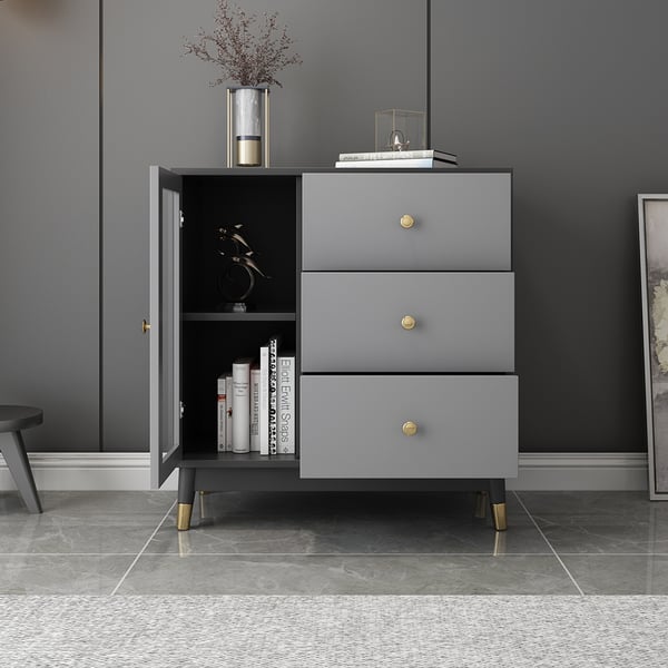 Modern Wooden Side Cabinet with Shelves & Drawers in Grey | Homary UK