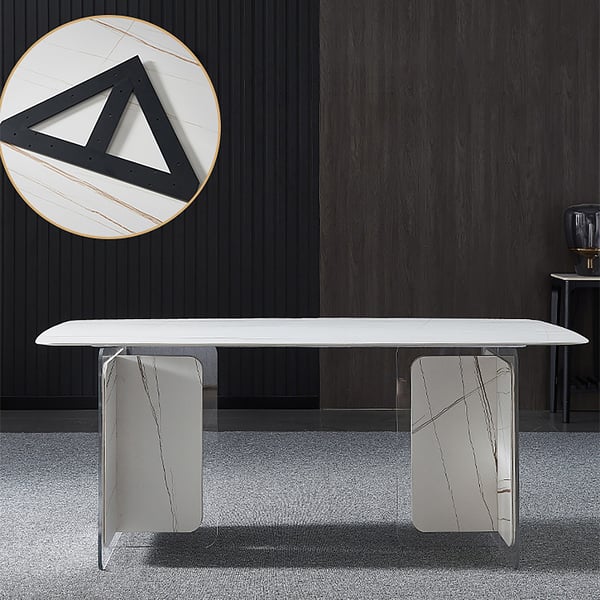 63" Modern White Rectangle Dining Table Sintered Stone Top with Double ...