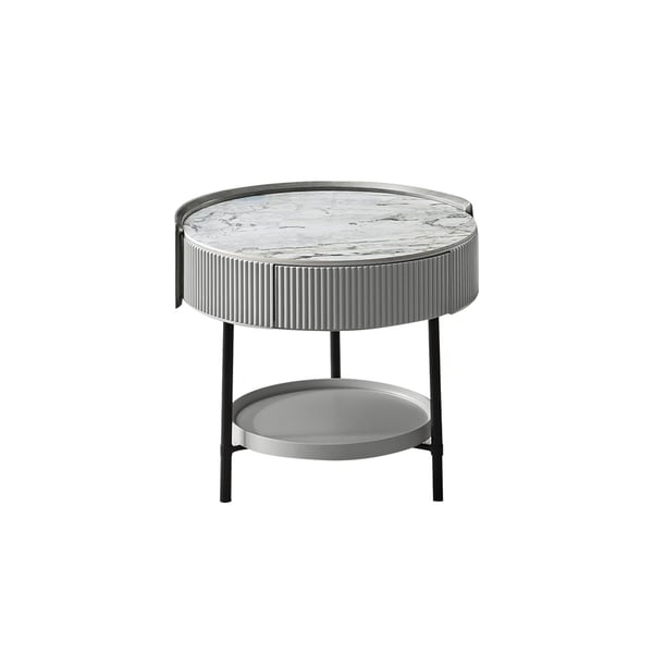 Modern Gray Round End Table with Sintered Stone Top and Black Iron Legs ...