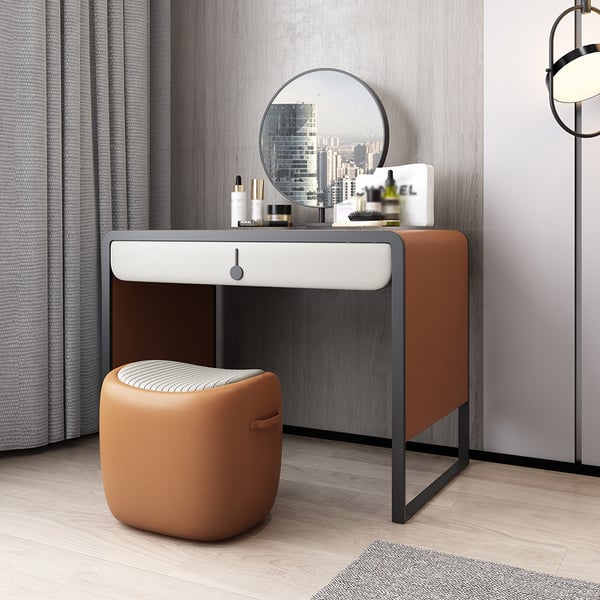 Modern Orange Makeup Vanity Set Faux Leather Upholstered with Mirror ...