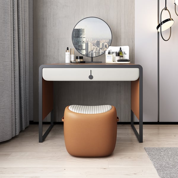 Modern Orange Makeup Vanity Set Faux Leather Upholstered with Mirror ...