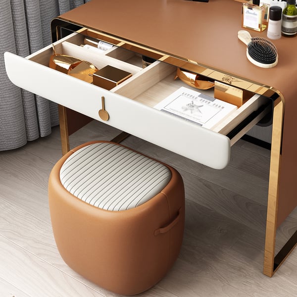 Modern Orange Makeup Vanity Set Faux Leather Upholstered with Mirror ...