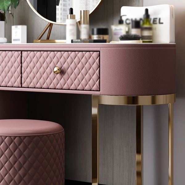 Pink Makeup Vanity Set Faux Leather Upholstered with Mirror Stool & 5 ...
