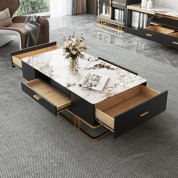 Contemporary Rectangle Sintered Stone Top Coffee Table with 4 Drawers ...