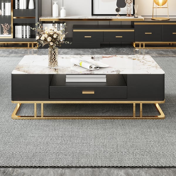Contemporary Rectangle Sintered Stone Top Coffee Table with 4 Drawers ...