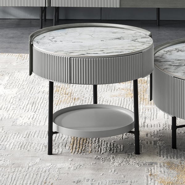 Modern Gray Round End Table with Sintered Stone Top and Black Iron Legs ...