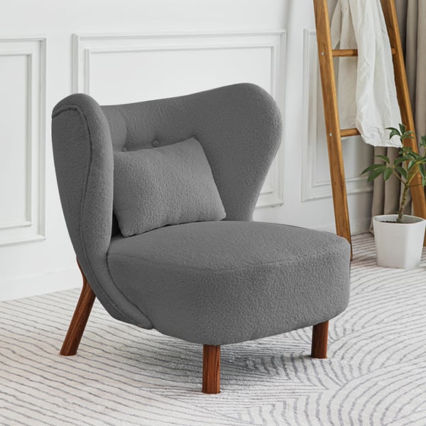 Gray Lamb Wool Accent Chair Wingback Chair in Wooden Frame | Homary