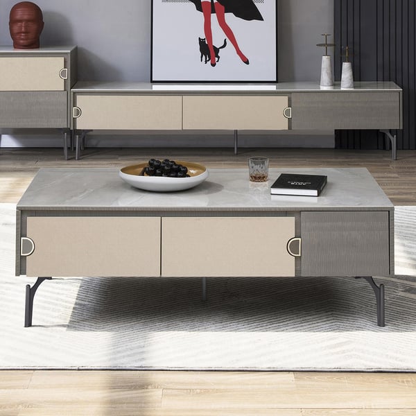 Modern Rectangle Gray Coffe Table with Storage & Sintered Stone Top ...