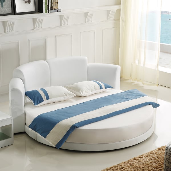 White Round Platform Bed Faux Leather Upholstered Bed with LED Light ...
