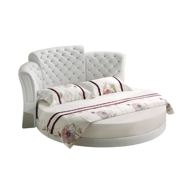 White Round Platform Bed Low Profile Bed Frame & Tufted Headboard ...