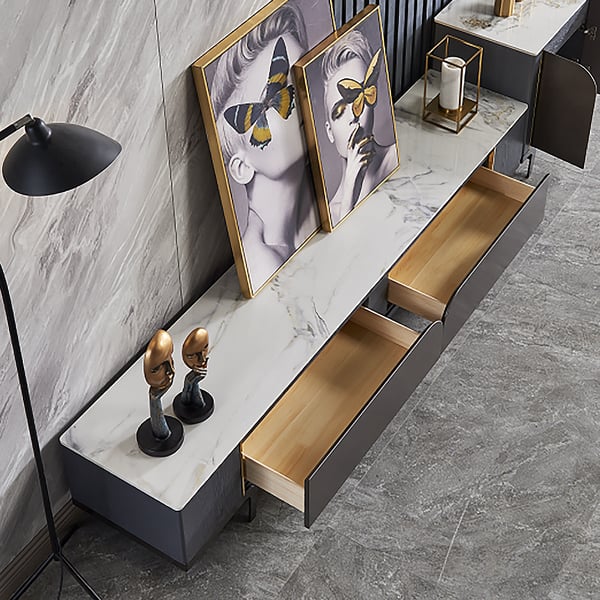 Modern TV Stand for 85 inch TVs with White Sintered Stone Top & Blue ...