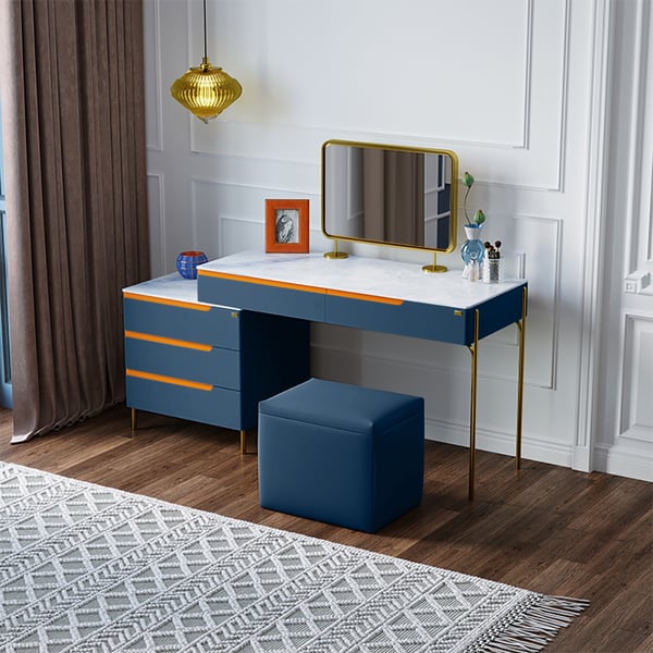 Modern Makeup Vanity with Sintered Stone Top Cabinet & Mirror & Stool ...
