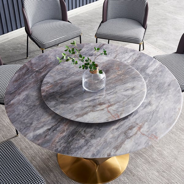 Modern Grey Round Dining Table with Lazy Susan and Faux Marble Tabletop ...