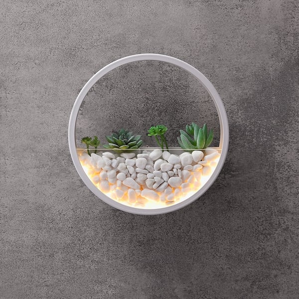 Ultra Modern LED Artificial Mini Wall Planter Round Metal Glass Indoor ...