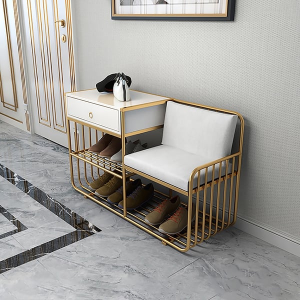 White Storage Entryway Bench Upholstered Modern Bench with Drawer ...