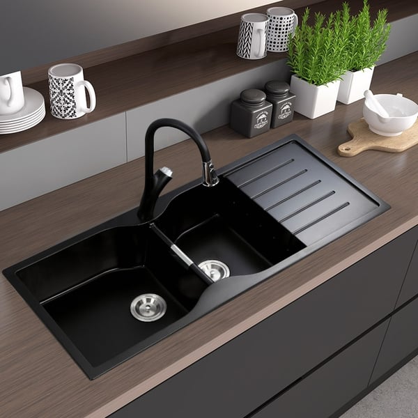 45" Drop-In Matte Black Kitchen Sink with Drainboard Double Bowl Quartz ...