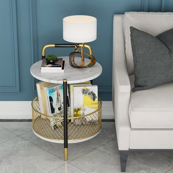 Round End Table with Storage Shelf Sintered Stone Side Table | Homary