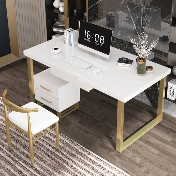 55" Modern White Office Desk Executive Desk with 3 Drawers & 1 Cabinet ...