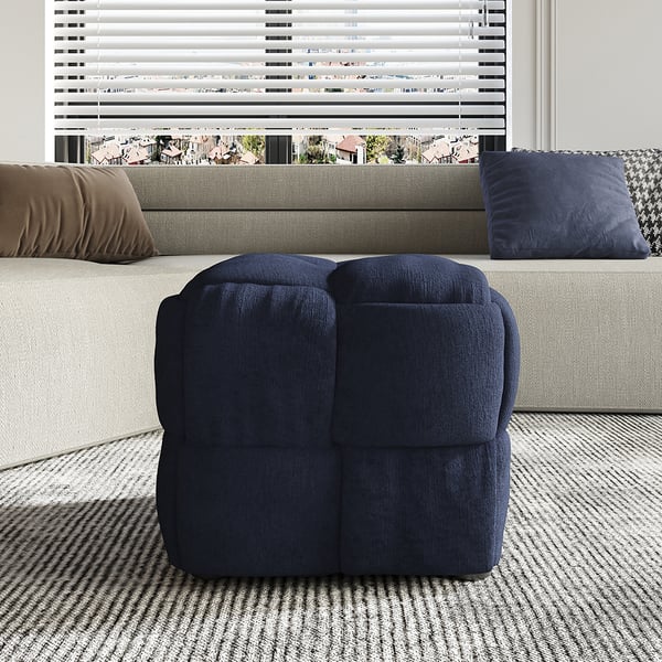 Modern 19" Blue Cube Ottoman Weave Linen Upholstered | Homary UK