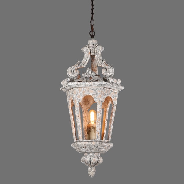 Retro Carved Wood Lantern 1-Light Pendant in Distressed Antique Gray ...
