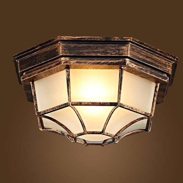Rustic 1-Light Flush Mount Ceiling Light in Octagon Iron and Glass | Homary