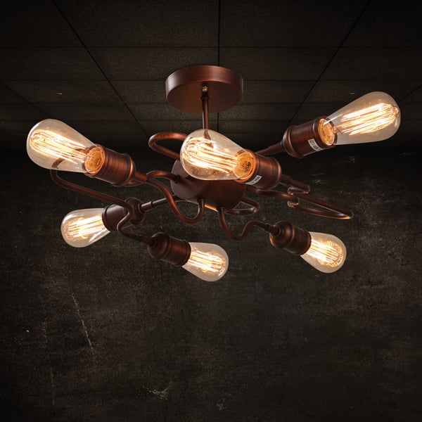 6-Light Retro Rust Semi Flush Mount Light with Bulbs | Homary