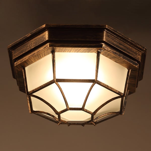 Rustic 1-Light Flush Mount Ceiling Light in Octagon Iron and Glass-Homary