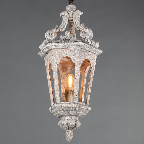 Retro Carved Wood Lantern 1-Light Pendant in Distressed Antique Gray ...