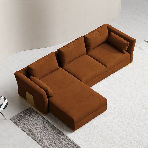 122" L-Shaped Brown Velvet Modular Sectional Sofa with Chaise Lounge ...