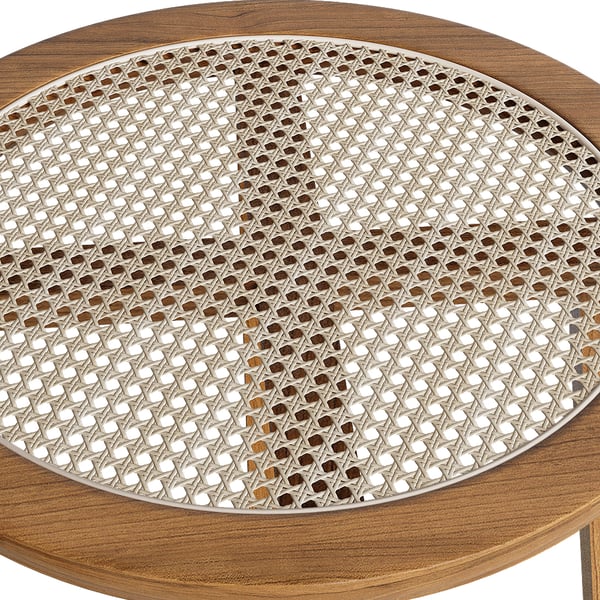 22" Walnut Round Wooden End Table with Rattan Top Farmhouse Side Table ...