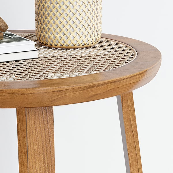 22" Walnut Round Wooden End Table with Rattan Top Farmhouse Side Table ...