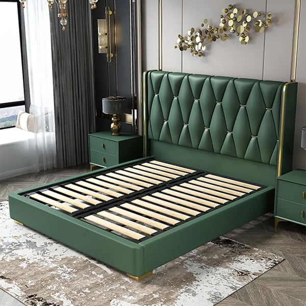 Green Platform Bed Solid Wood Low Profile Bed with Upholstered ...