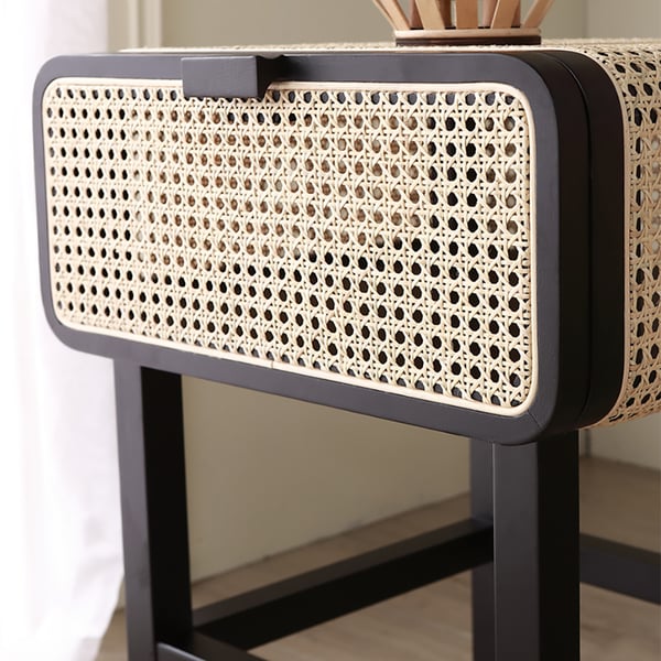 Black Rattan Nightstand for Bedroom Living Room Storage Bedside Table ...