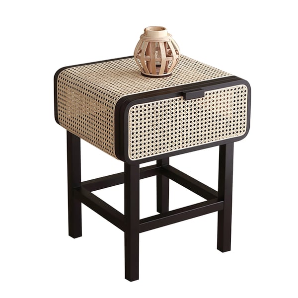 Black Rattan Nightstand for Bedroom Living Room Storage Bedside Table ...