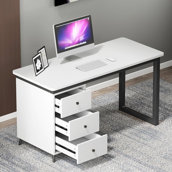 Modern 71" White Wooden Home Office Computer Desk with Drawers in Black ...