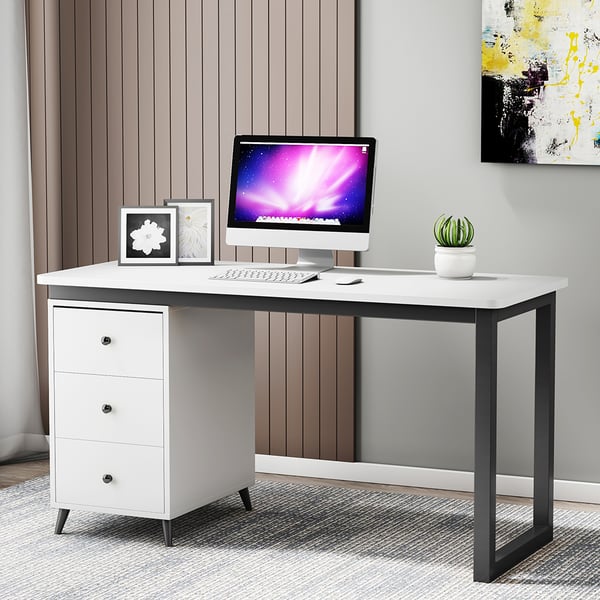 Modern 71" White Wooden Home Office Computer Desk with Drawers in Black ...