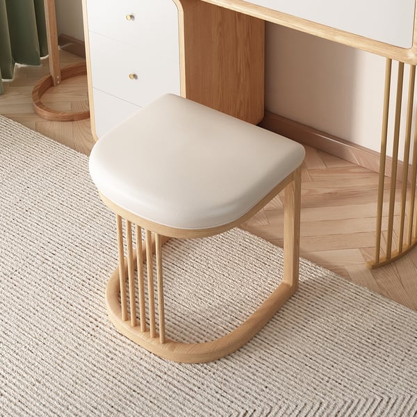 Solid Wood Vanity Stool PU Leather Upholstered,Natural | Homary