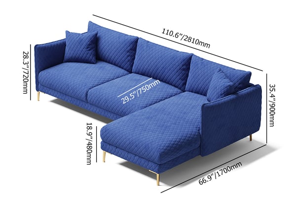 2810mm Modern Blue Velvet Modular Sectional Sofa with Chaise for 4 Seaters L-Shaped-Homary