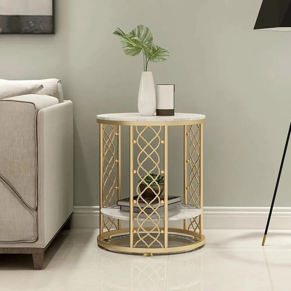 Modern White Round End Table with Storage Marble Side Table Metal in ...