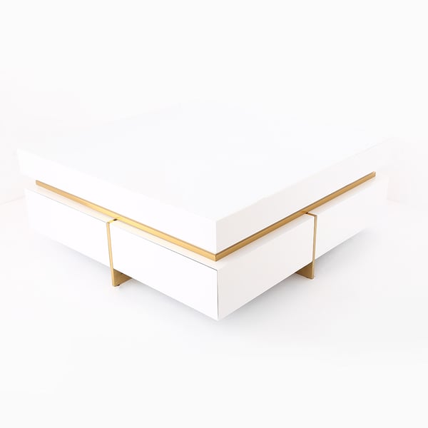 White Modern Square Coffee Table with Drawers Tempered Glass Top ...