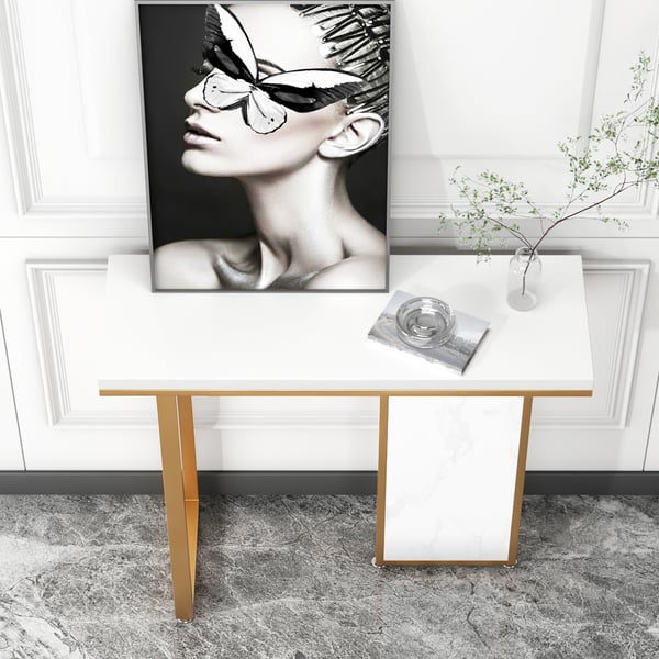40" White Narrow Console Table Modern Rectangle with Wooden Top ...