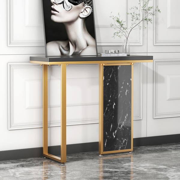 40" Black Narrow Console Table Modern Rectangle with Wooden Top ...