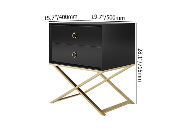 500mm Modern Black Bedside Table with 2 Drawers X-Shaped Pedestal-Homary