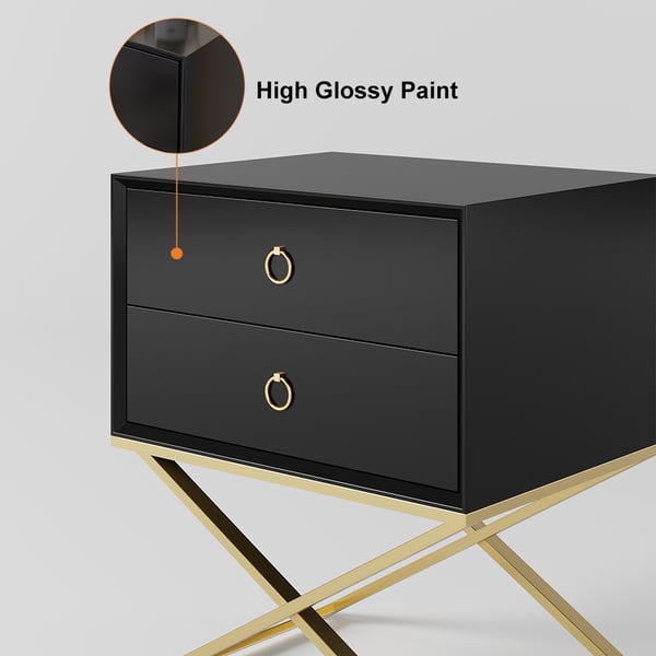 500mm Modern Black Bedside Table with 2 Drawers X-Shaped Pedestal-Homary
