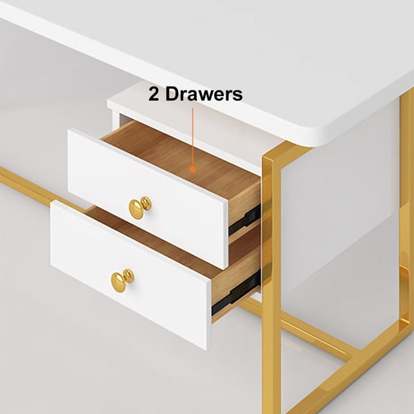 1200mm White Writing Desk Modern Computer Desk with 2-Drawer in Gold ...